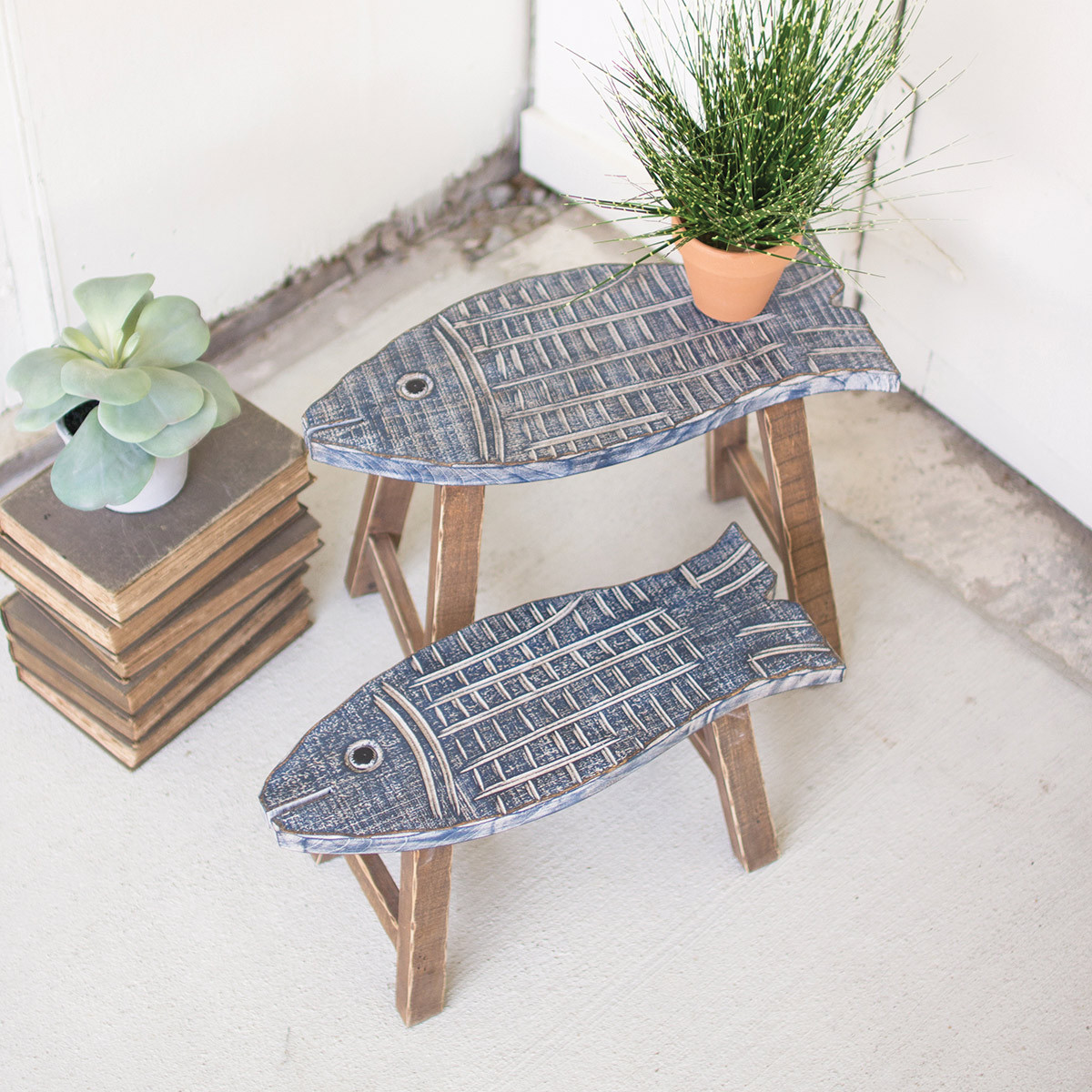 Set Of Two Carved Wooden Fish Stools | Bella Coastal Decor