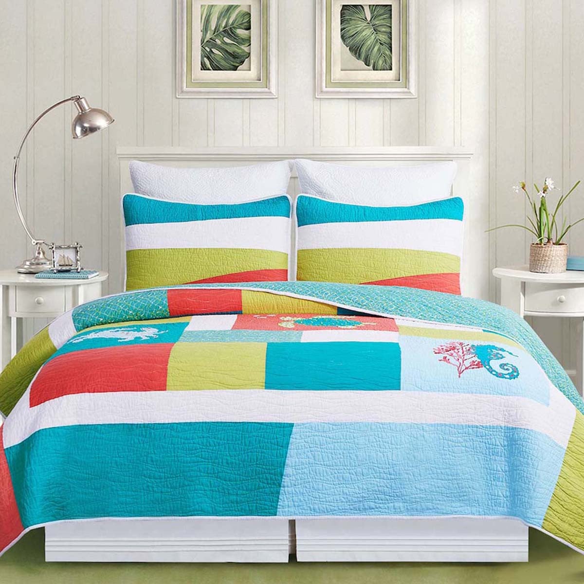 Coastal Blocks Quilt Set - Full/Queen | Bella Coastal Decor