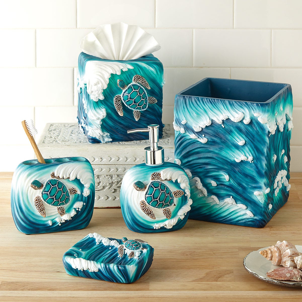 Blue Sea Turtle Waste Basket | Bella Coastal Decor