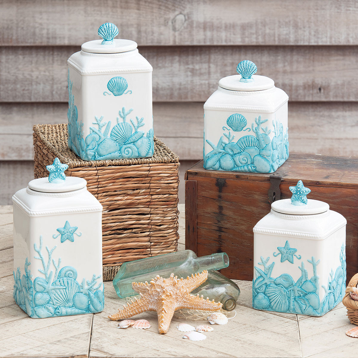 Blue Shells Ceramic Canisters - Set of 4 | Bella Coastal Decor