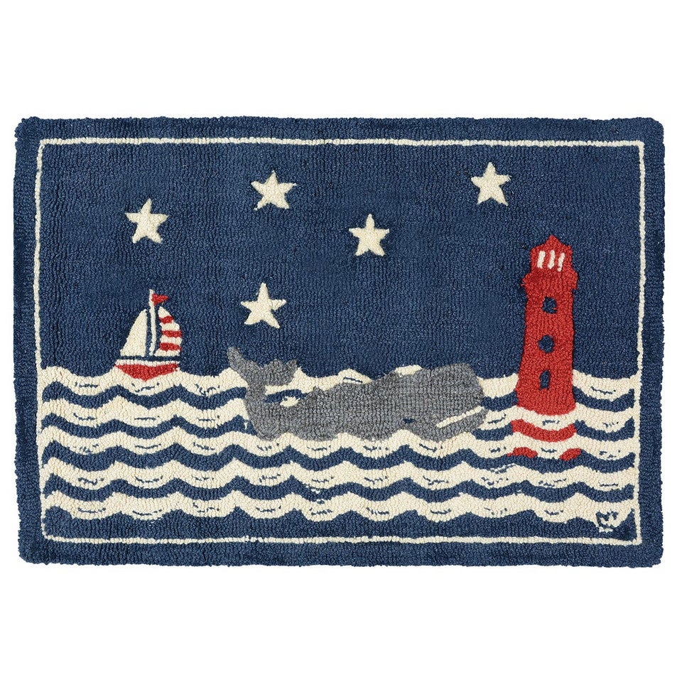 Accent Rugs: Blue Whale Hooked Wool Rug - 2 x 3 | Bella Coastal Decor